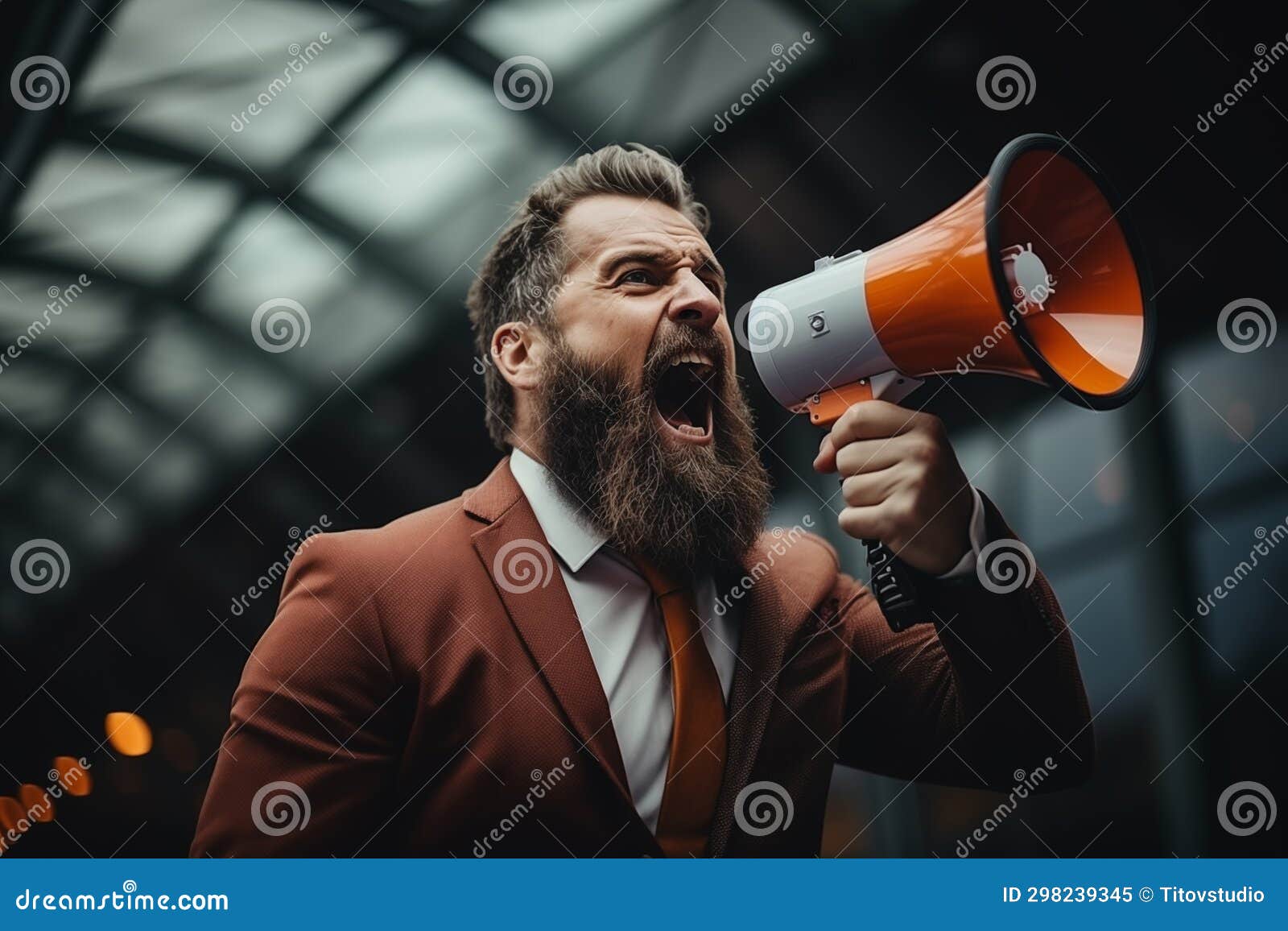 Businessman Shouting through a Megaphone Outside in Front of Office ...