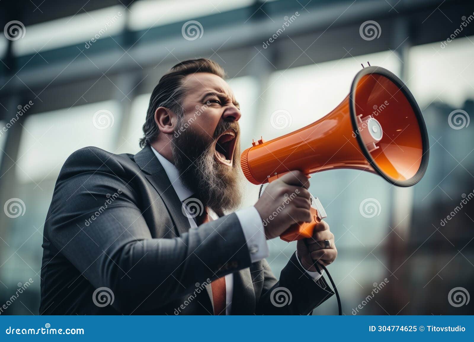 Businessman Shouting through a Megaphone Outside in Front of Office ...