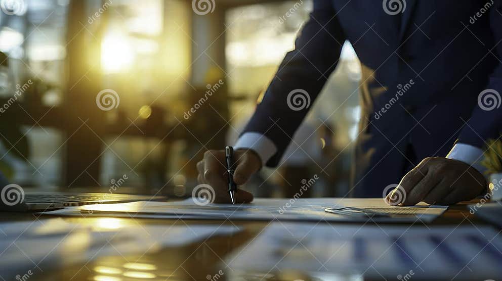 A Businessman Signing Important Documents at a Desk with a Sunset ...