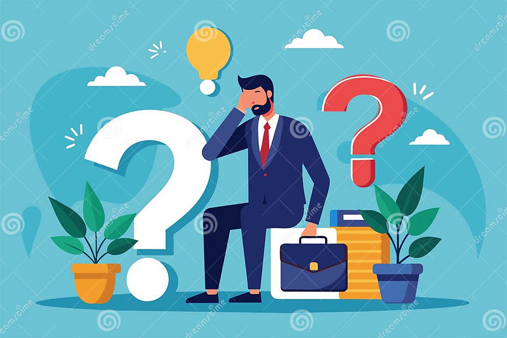 A Businessman Sits Thoughtfully among Question Marks and Plants ...
