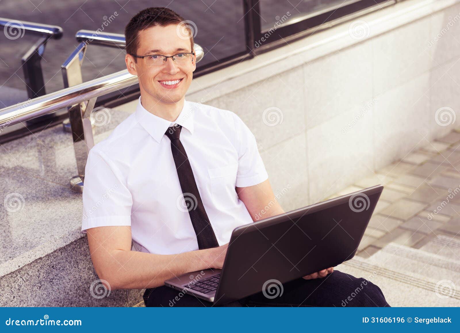 Businessman Sitting with Computer Stock Photo - Image of cheerful ...