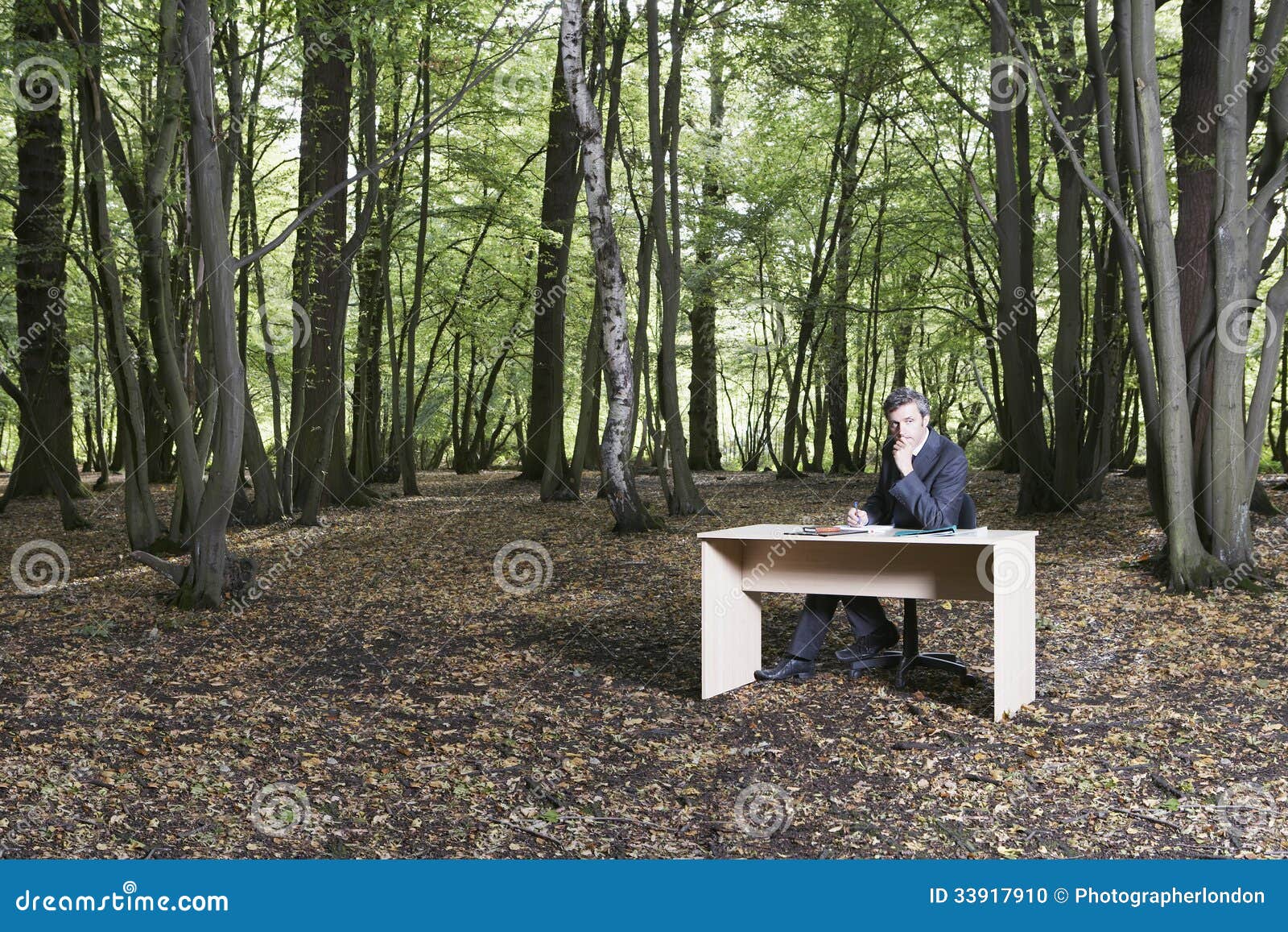 Businessman Sitting at Desk in Forest Stock Photo - Image of fallen ...