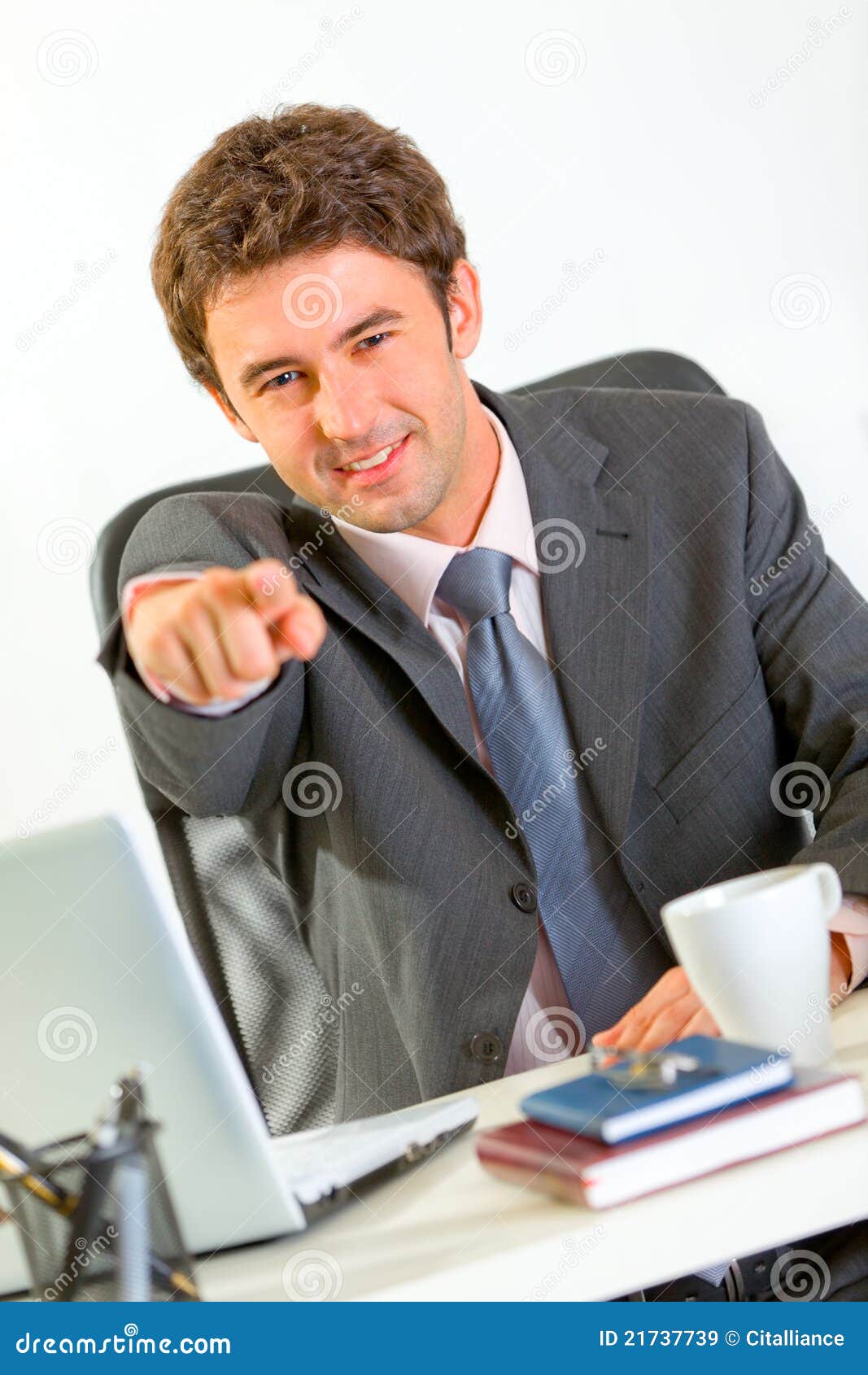 Businessman Sitting at Desk and Pointing on You Stock Image - Image of ...