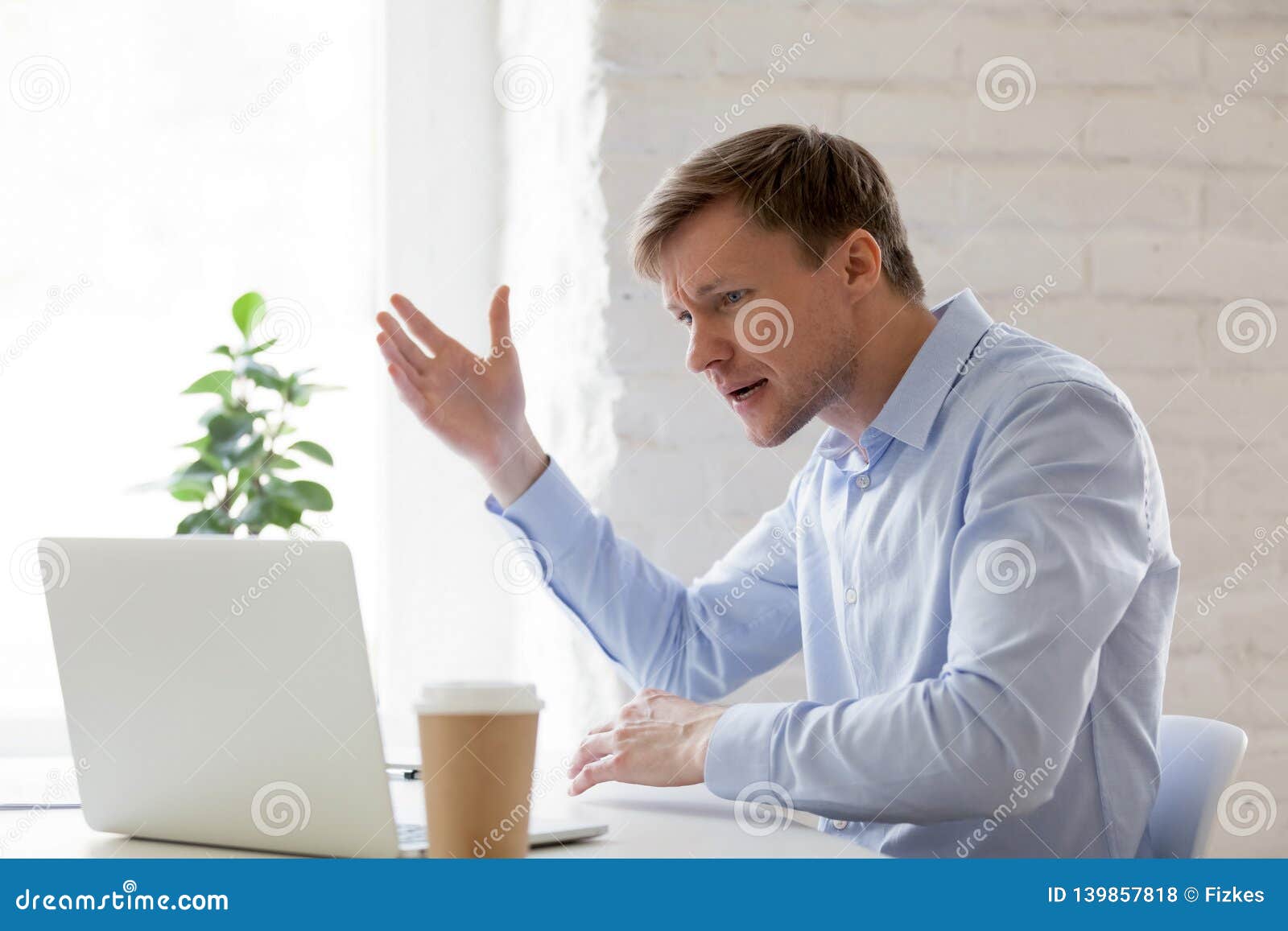 Irritated Businessman Having Problems with Computer Gesticulating Feels ...