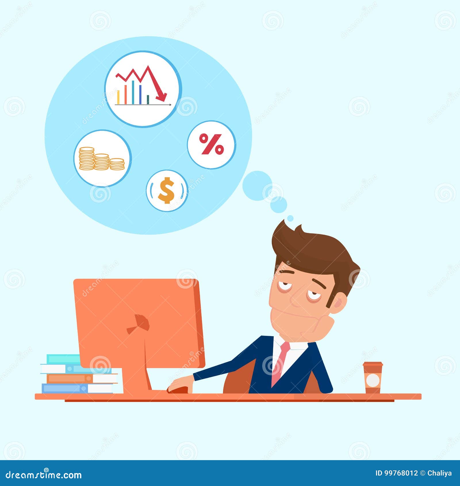 Businessman Sitting in Front of the Computer with Falling Down Trend ... Businessman Sitting in Front of the Computer with Falling Down Trend ...