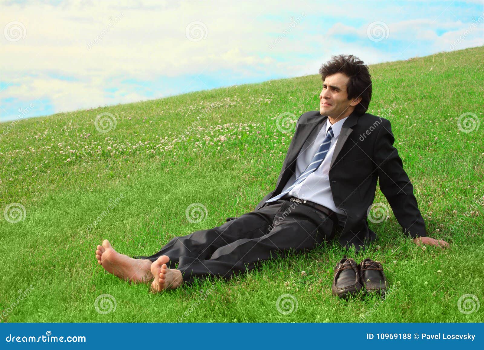Businessman Sitting on the Meadow Barefoot Stock Photo - Image of ...