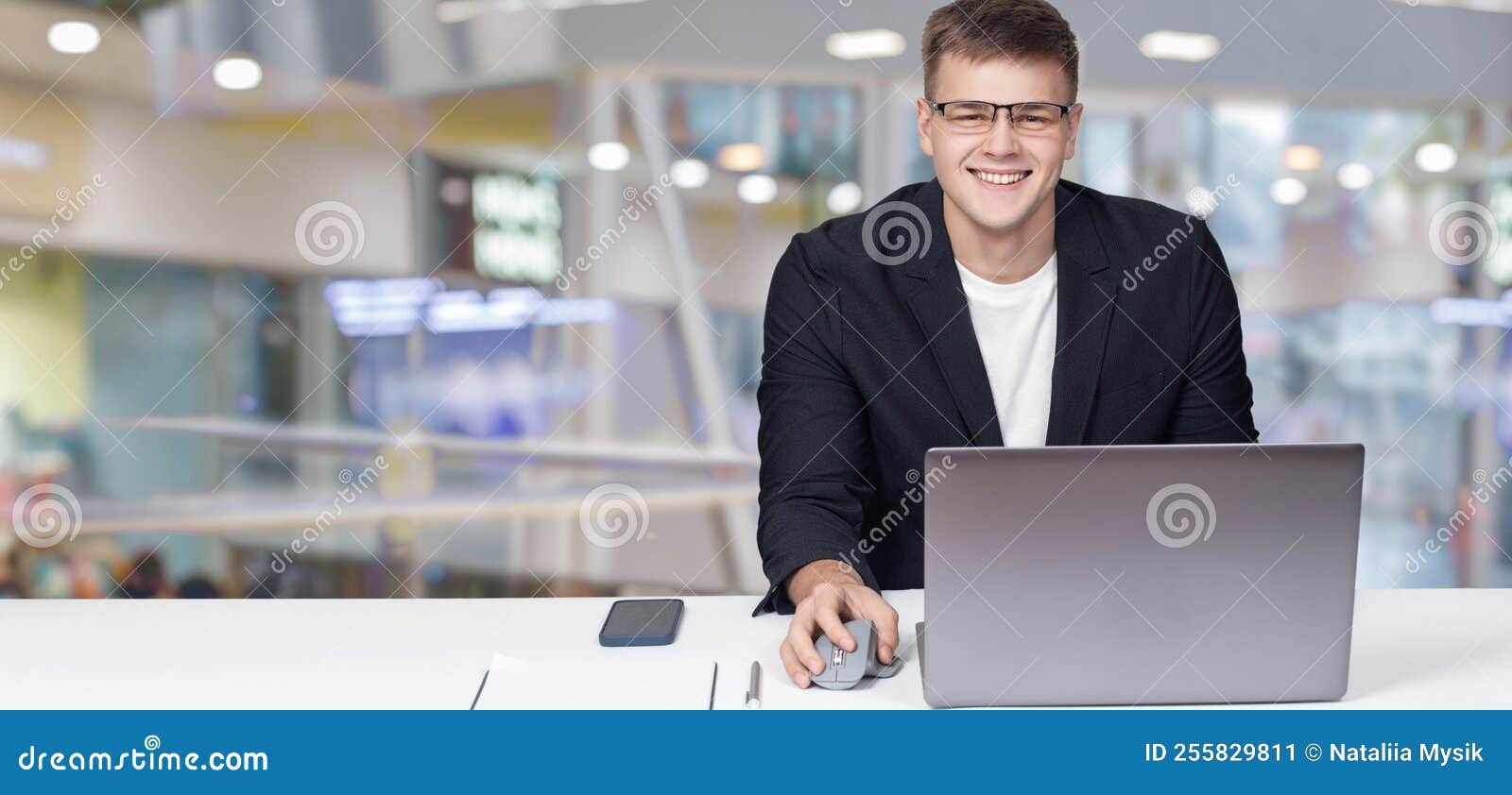 Businessman Sitting at the Table at the Computer Stock Image - Image of ...