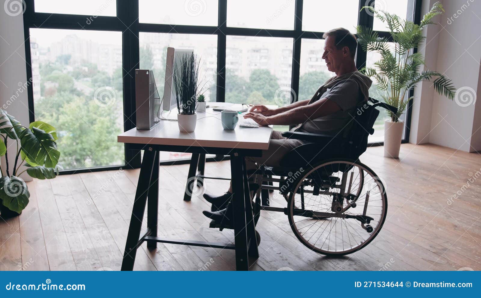 Businessman Sitting in Wheelchair Using Computer at Workplace Stock ...