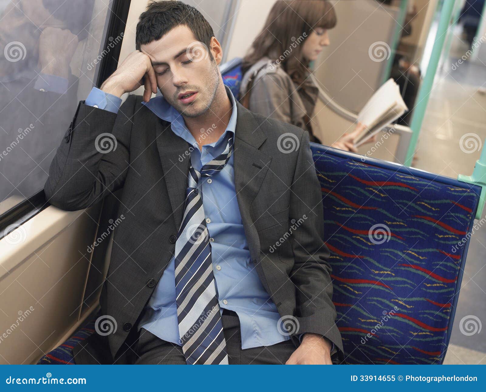 Businessman Sleeping in Commuter Train Stock Image - Image of reading ...