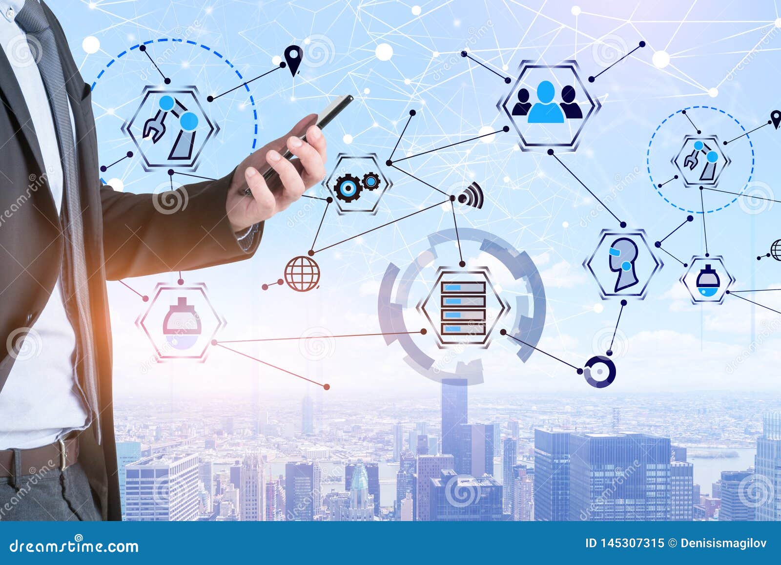 Businessman with Smartphone, GUI Interface in City Stock Image - Image ...