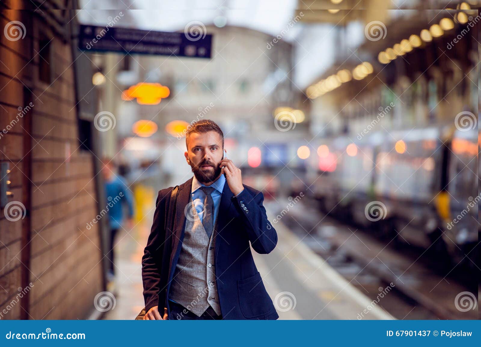 Businessman with Smartphone, Making a Phone Call, Train Platform Stock ...