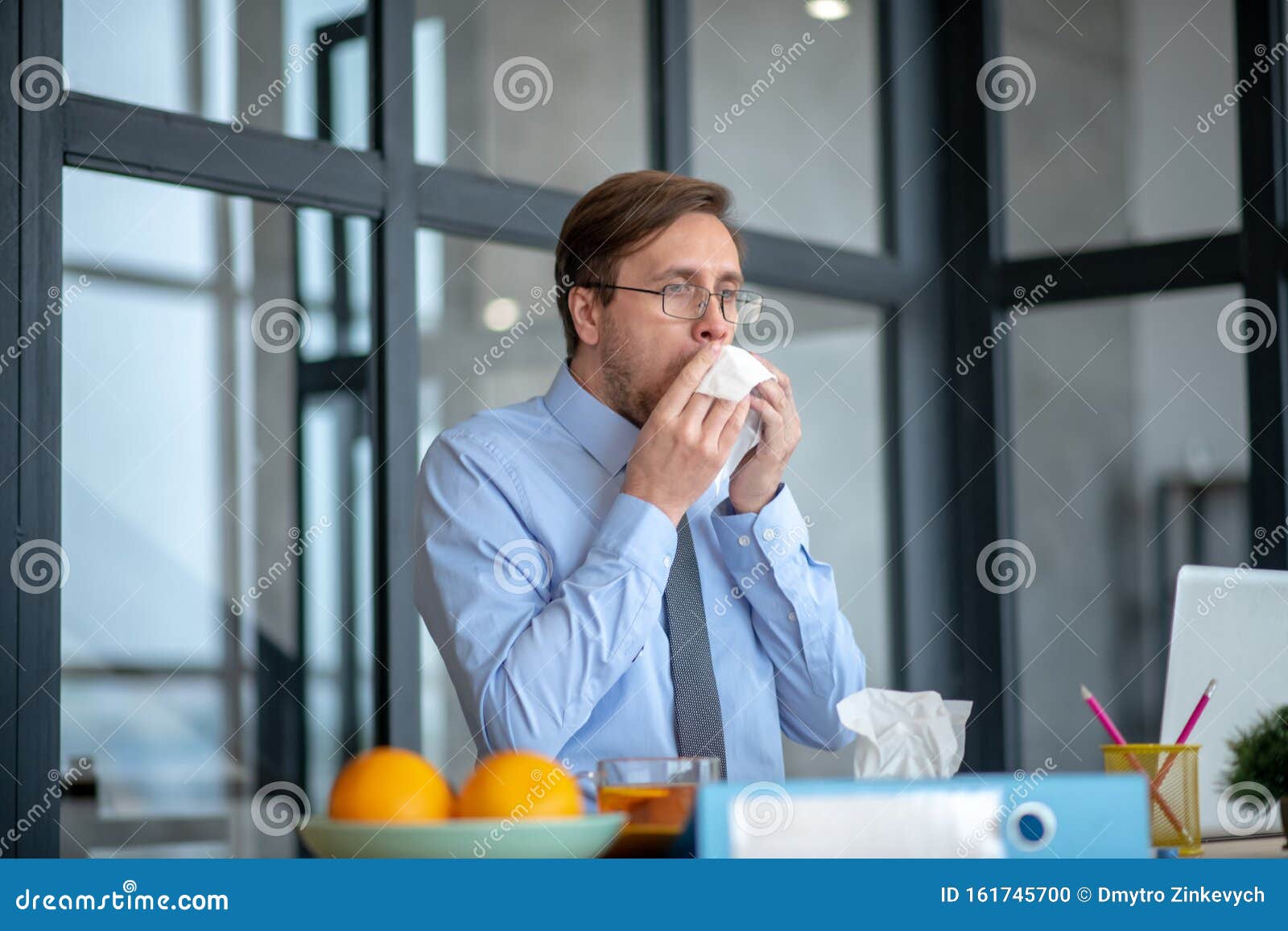 Businessman Sneezing All Day at Work and Feeling Dizzy Stock Photo ...