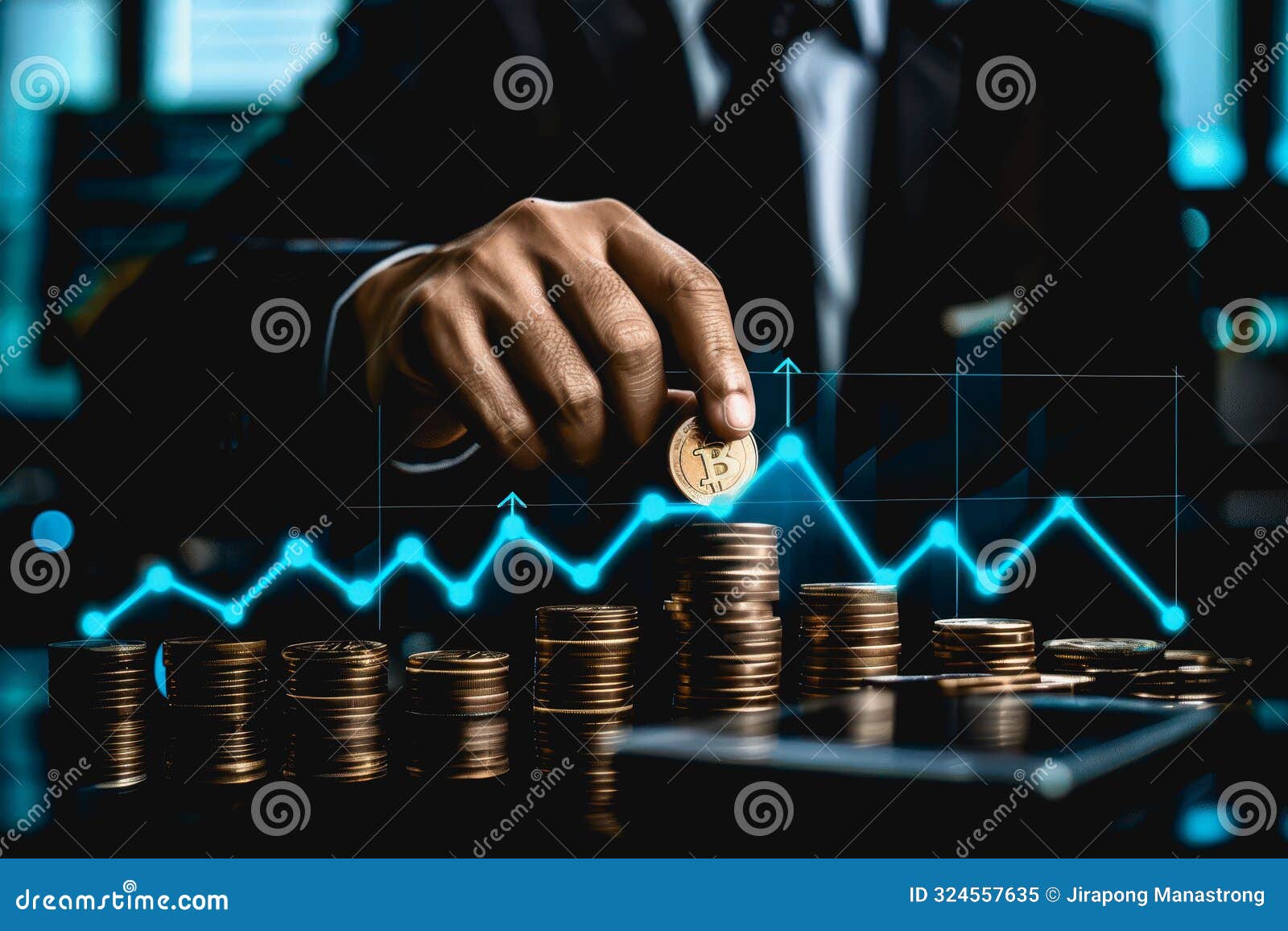 Businessman Stacking Glowing Coins with Rising Arrow Chart. Stock Image ...