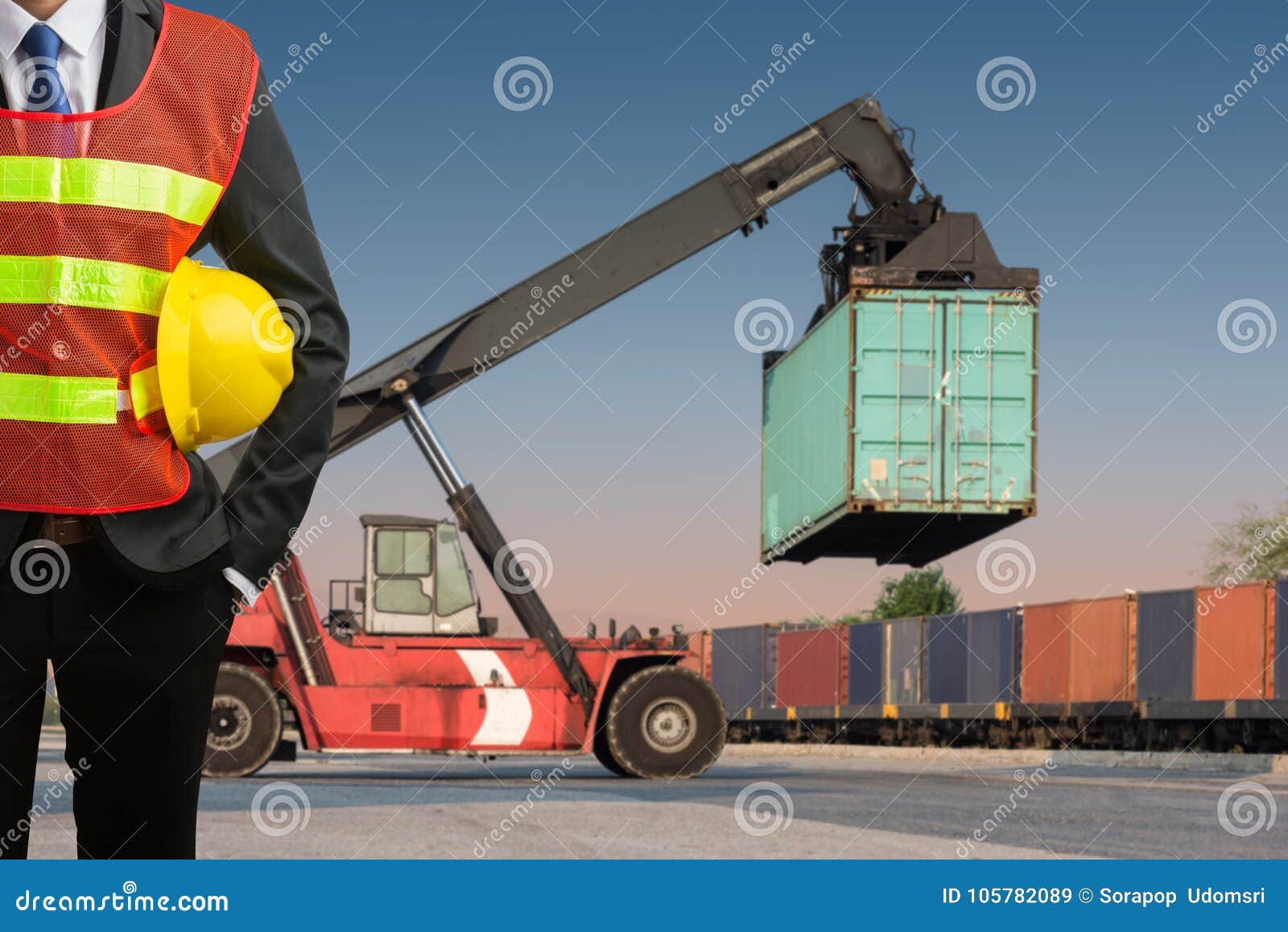 Businessman Stand on Front Forklift Loading Containers Box Stock Image ...