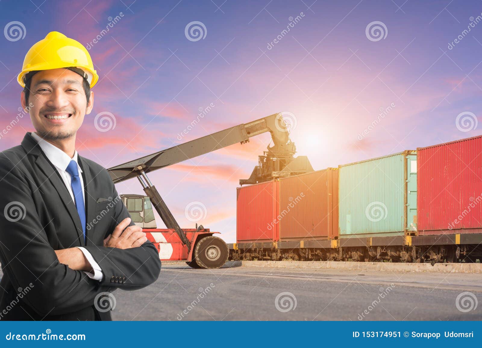 Businessman Stand on Front Forklift Loading Containers Box Stock Image ...