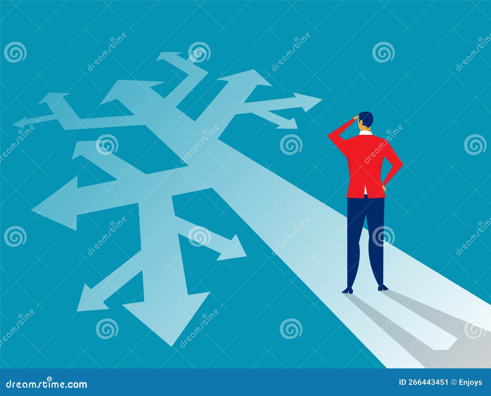 Businessman Standing On The Crossroads For Decision Which Way At Arrows