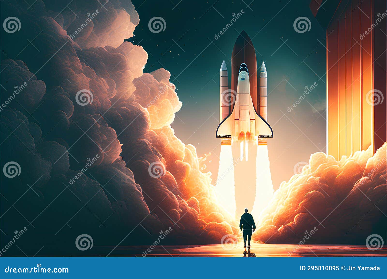 Businessman Standing in Front of a Space Rocket. Conceptual ...