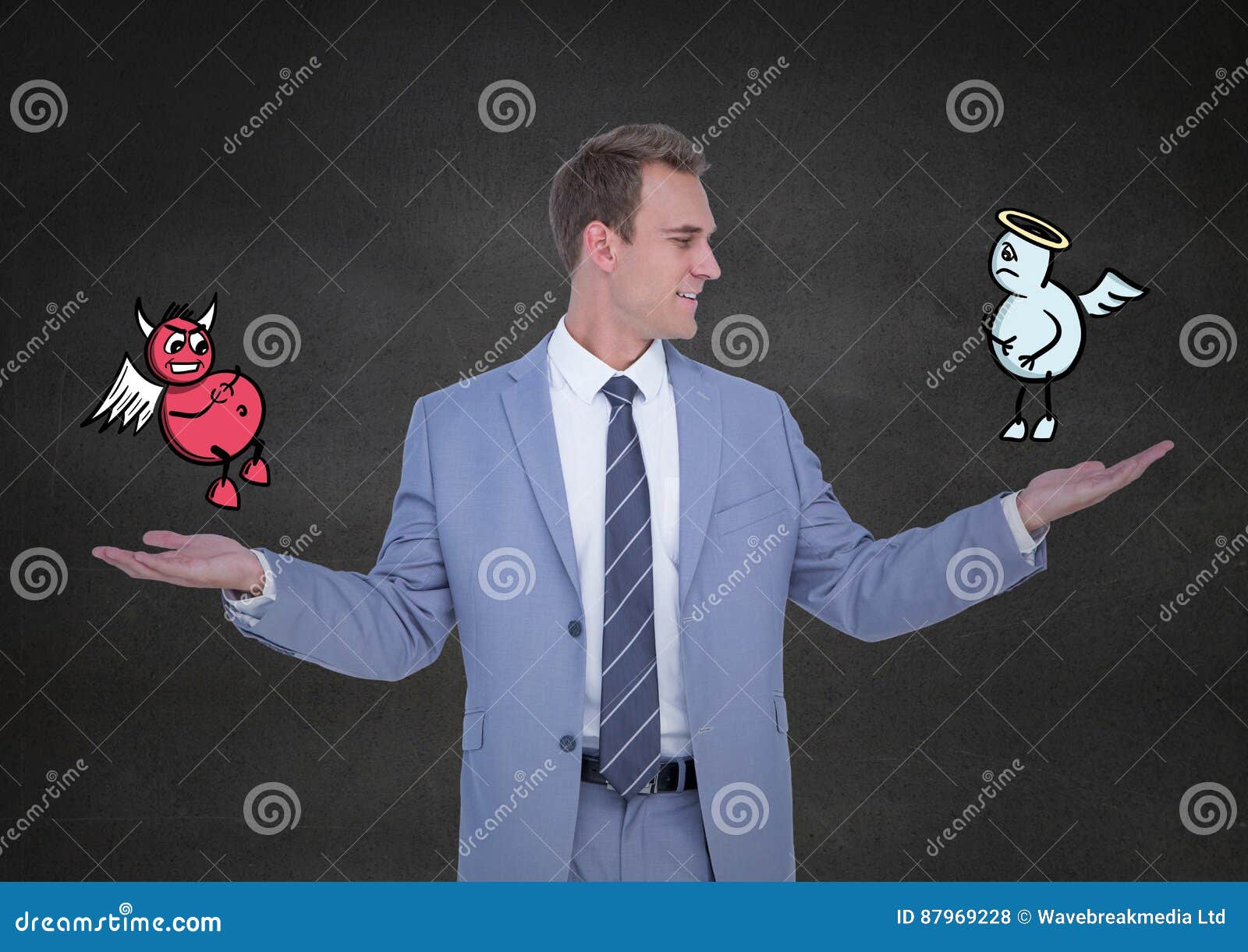Businessman Standing between the Good and Bad Conscience Stock ...