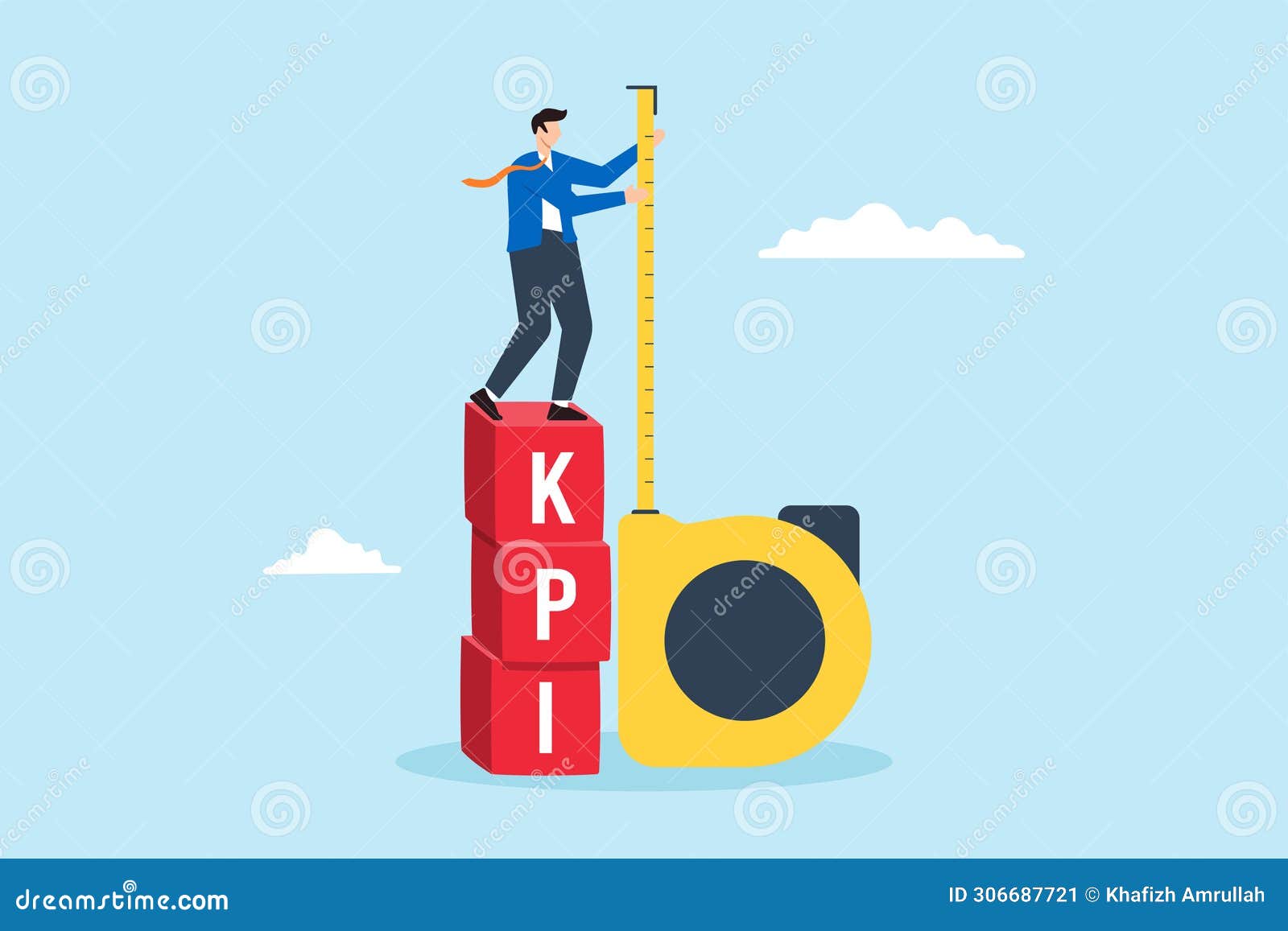 Businessman Standing on KPI Box and Measuring Performance Stock ...