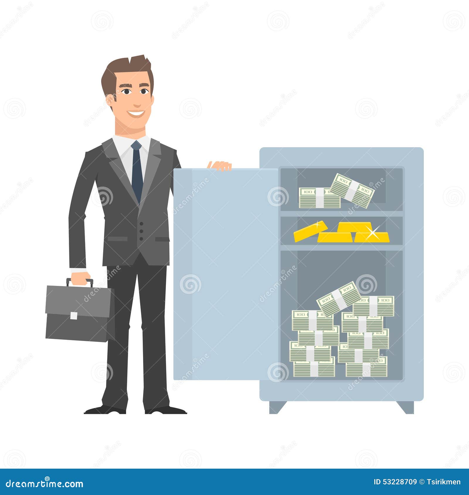Businessman Standing Near with Open Safe and Smiling Stock Vector ...