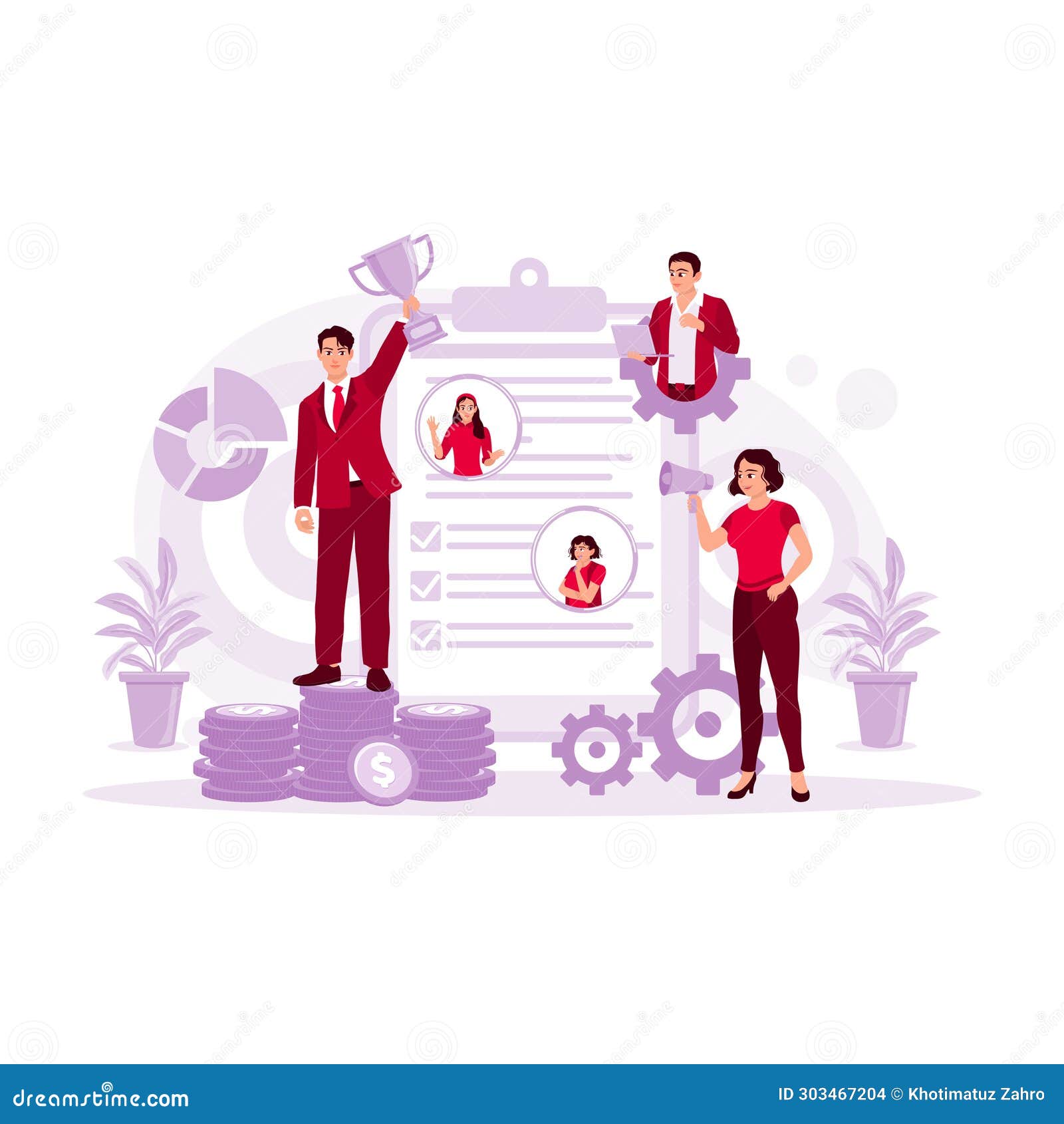 A Businessman is Standing on a Pile of Coins Holding a Trophy. Solid ...