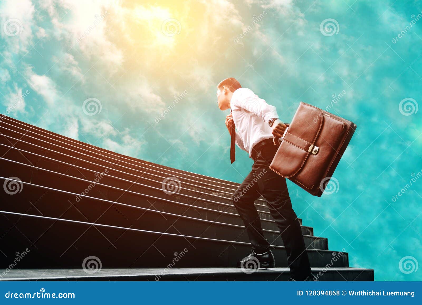 Businessman Standing on Stair and Moving To Sky Future. Stock Photo ...