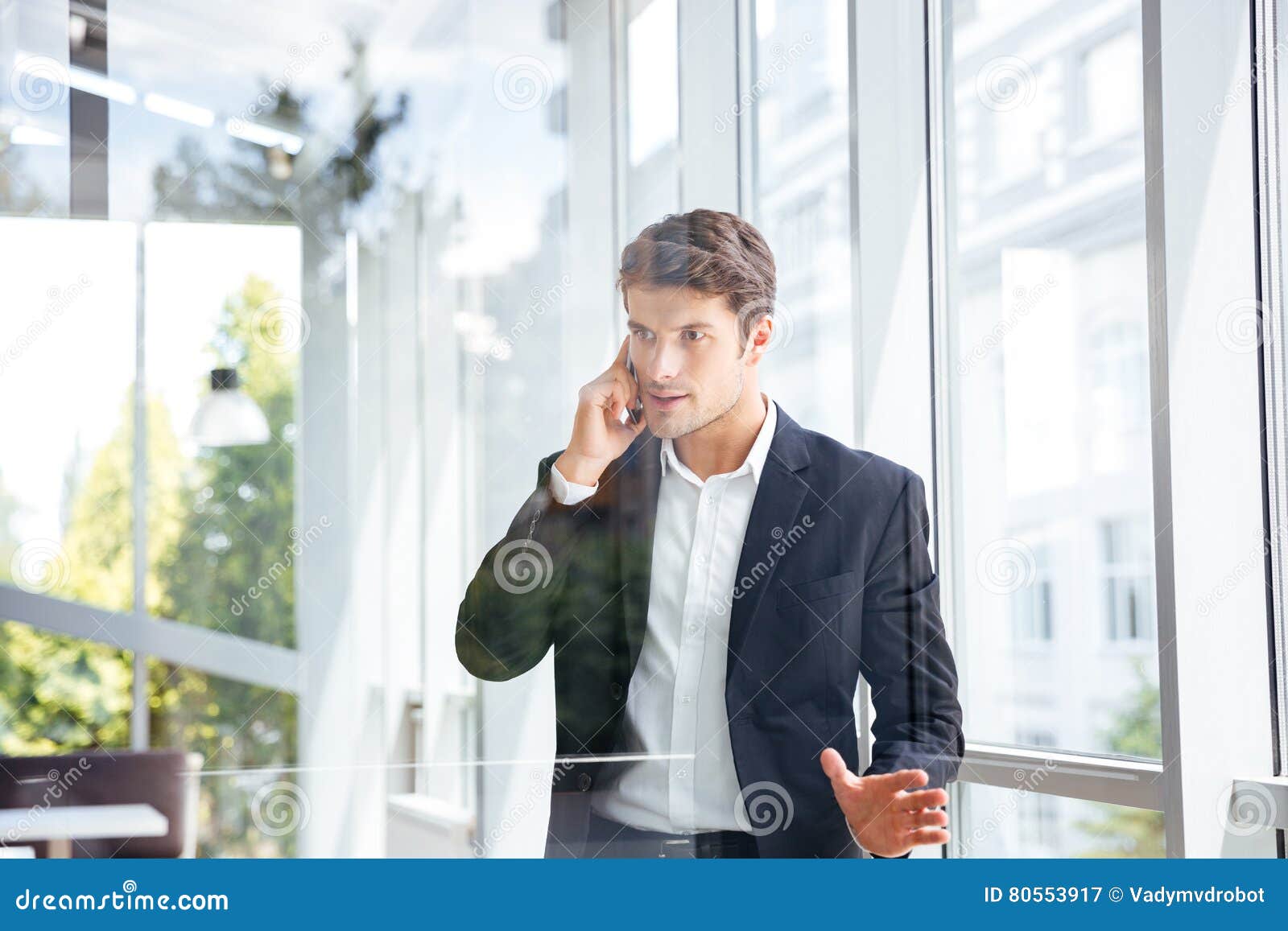 Businessman Standing and Talking on Mobile Phone in Office Stock Image ...