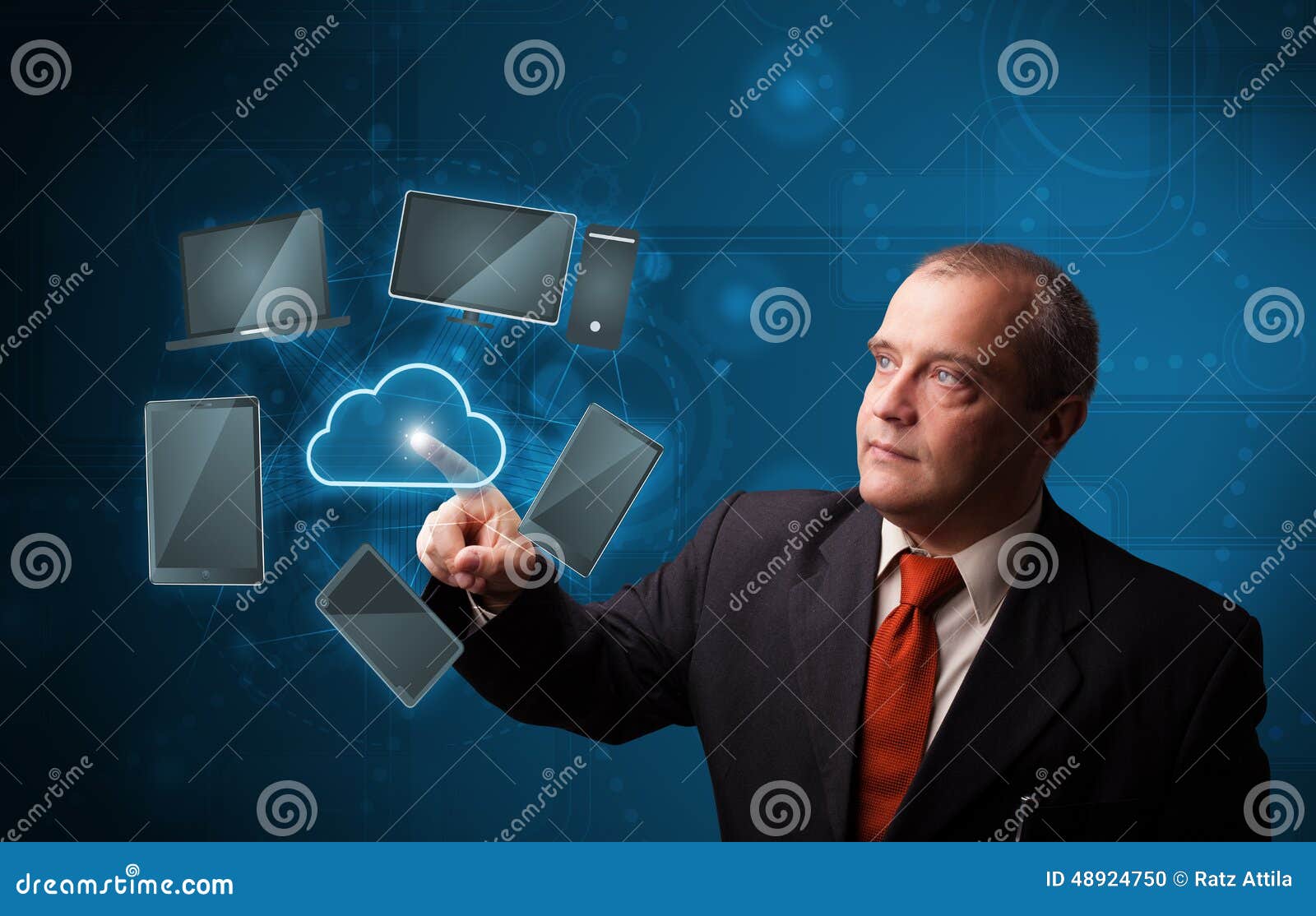 Businessman Standing and Touching High Technology Stock Photo - Image ...