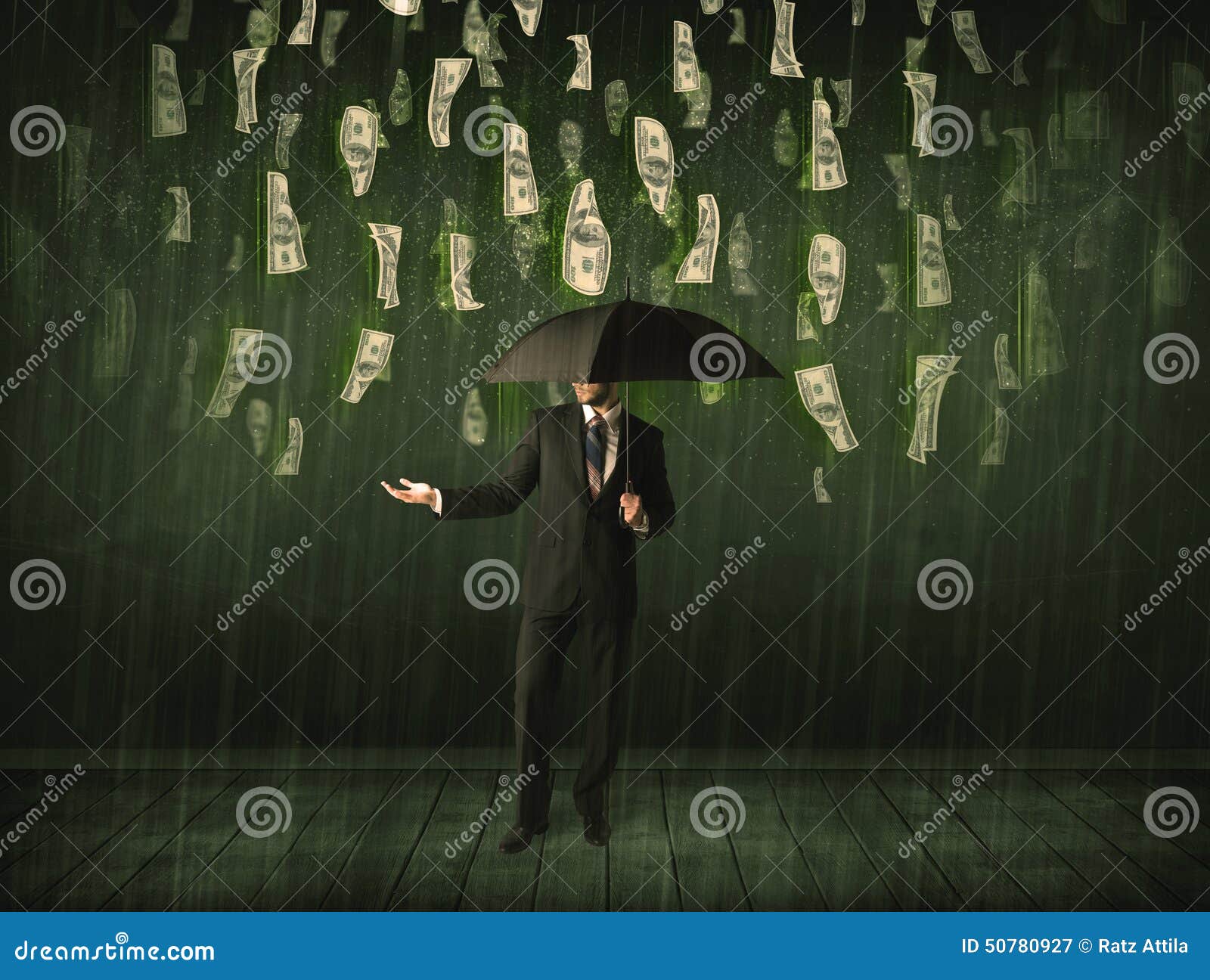 Businessman Standing with Umbrella in Dollar Bill Rain Concept Stock ...