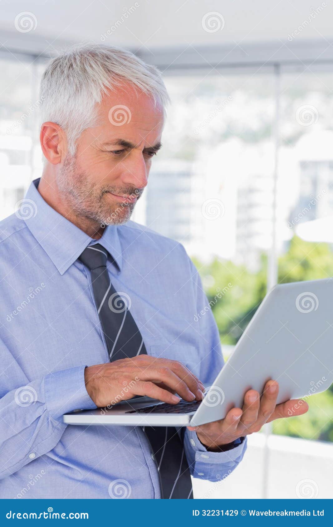 Businessman Standing and Using Laptop Stock Image - Image of hair ...