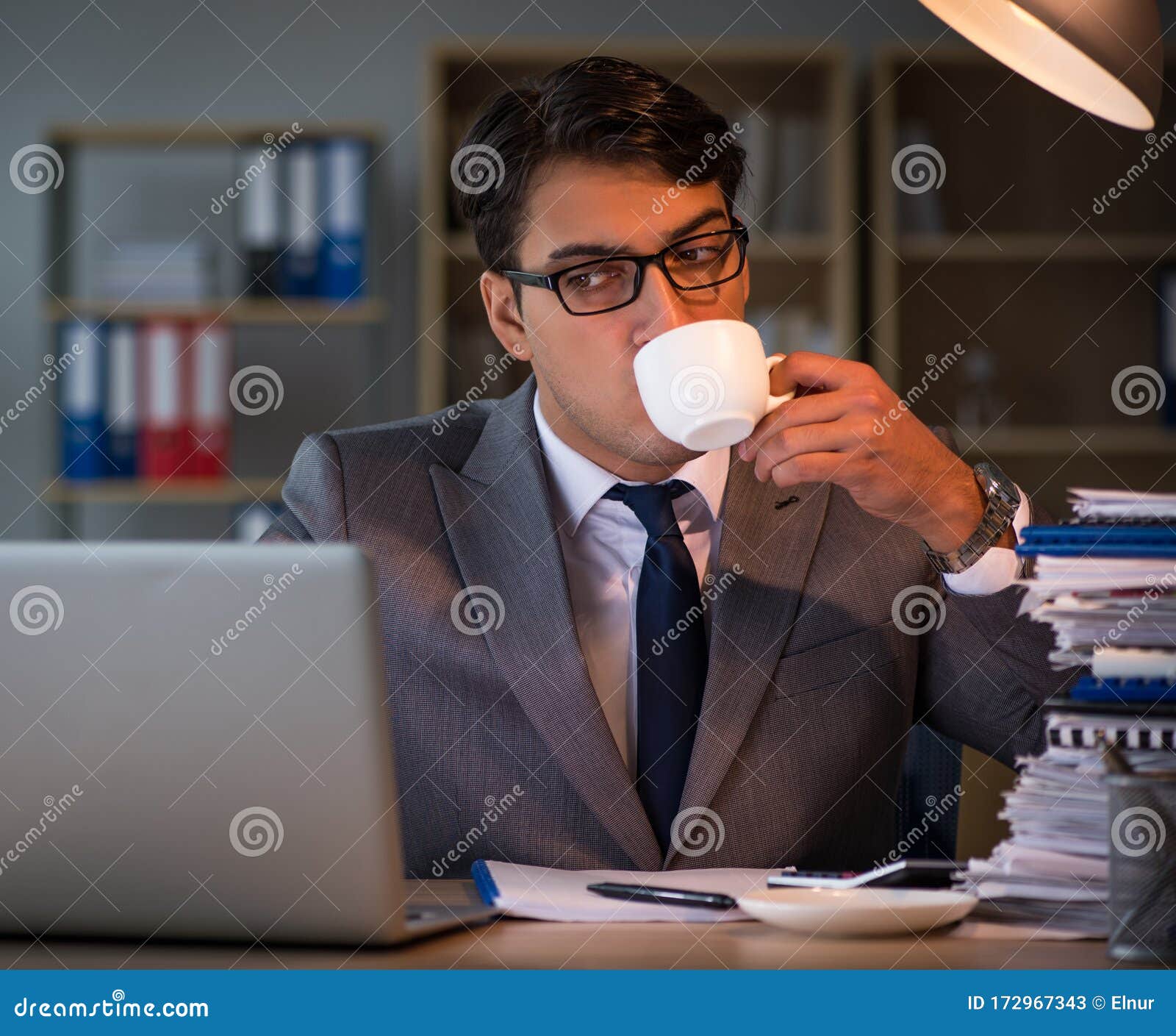 Businessman Staying in the Office for Long Hours Stock Image - Image of ...
