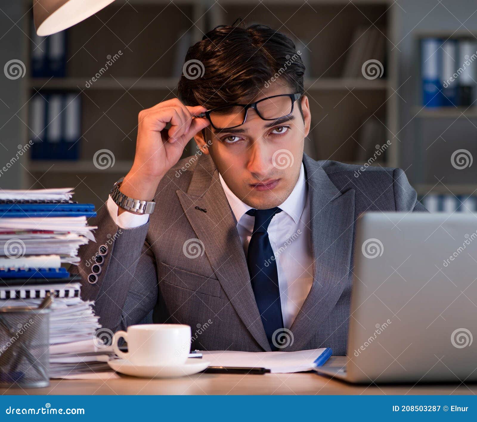 Businessman Staying in the Office for Long Hours Stock Image - Image of ...