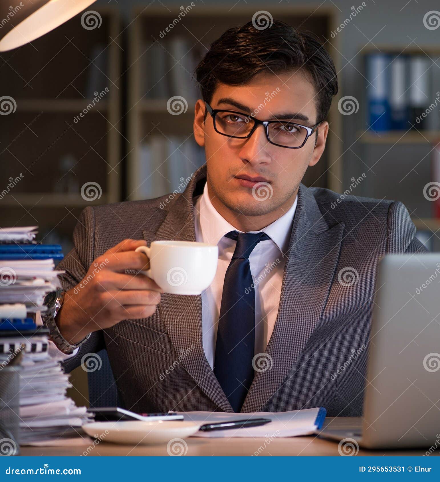 Businessman Staying in the Office for Long Hours Stock Image - Image of ...
