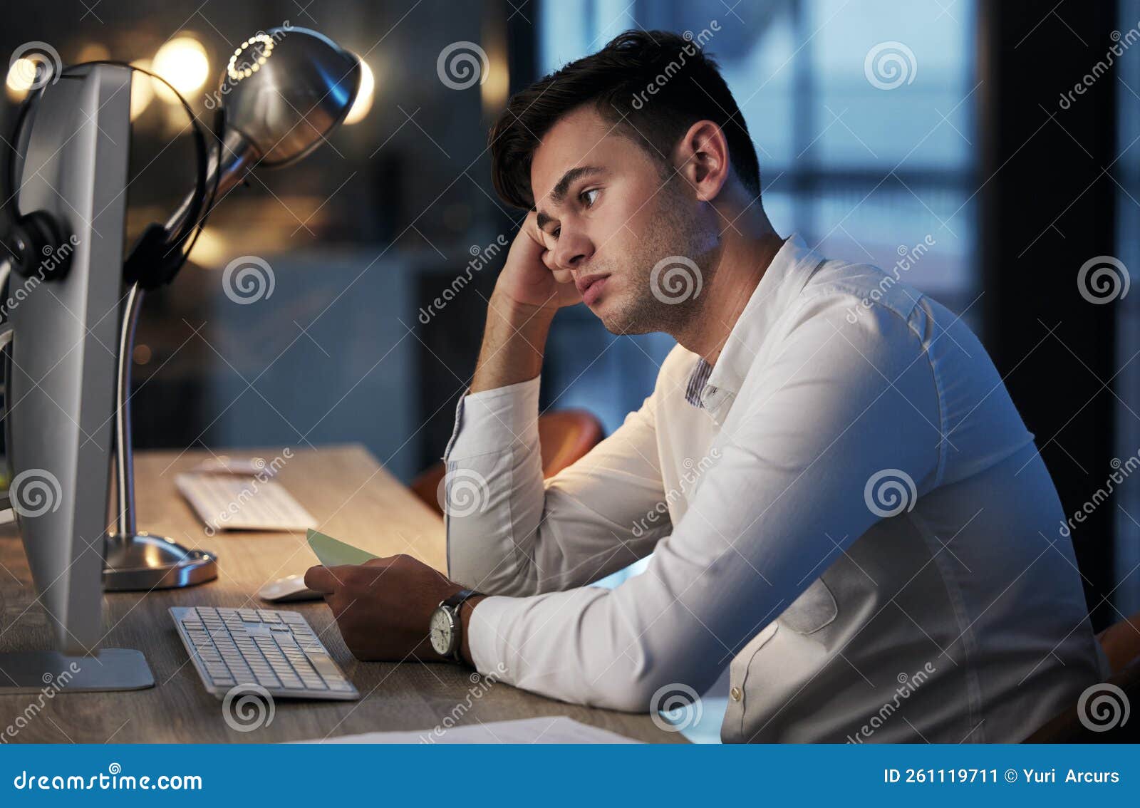 Businessman, Stress or Bored on Computer in Night Office for Cyber ...