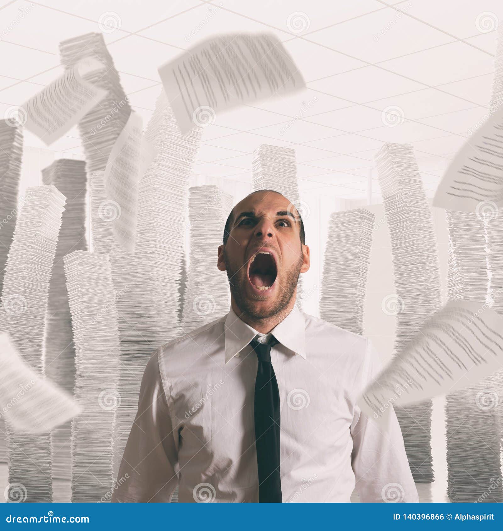 Businessman Stressed and Overworked Screaming in Office with Flying ...
