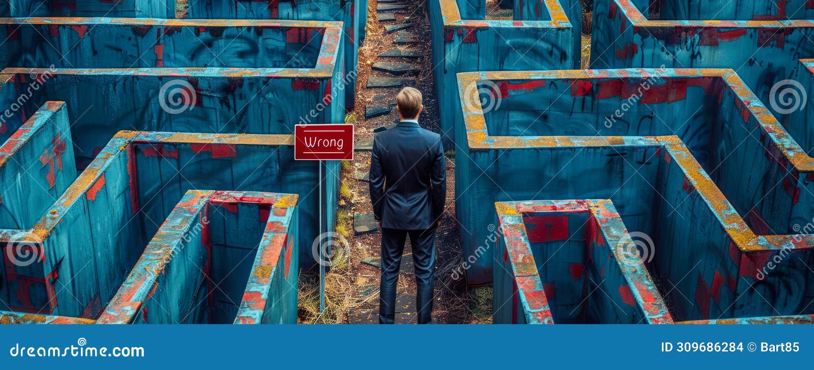 Businessman in a Suit Facing a Wrong Way Sign at the Entrance of a ...