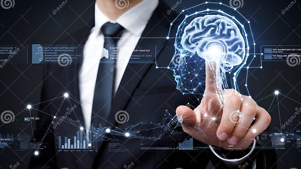 Businessman Interacting with Futuristic Digital Brain Interface ...