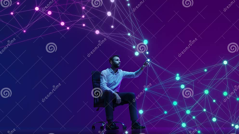 Businessman in Suit Reaches Out To Touch Network of Connected Data ...