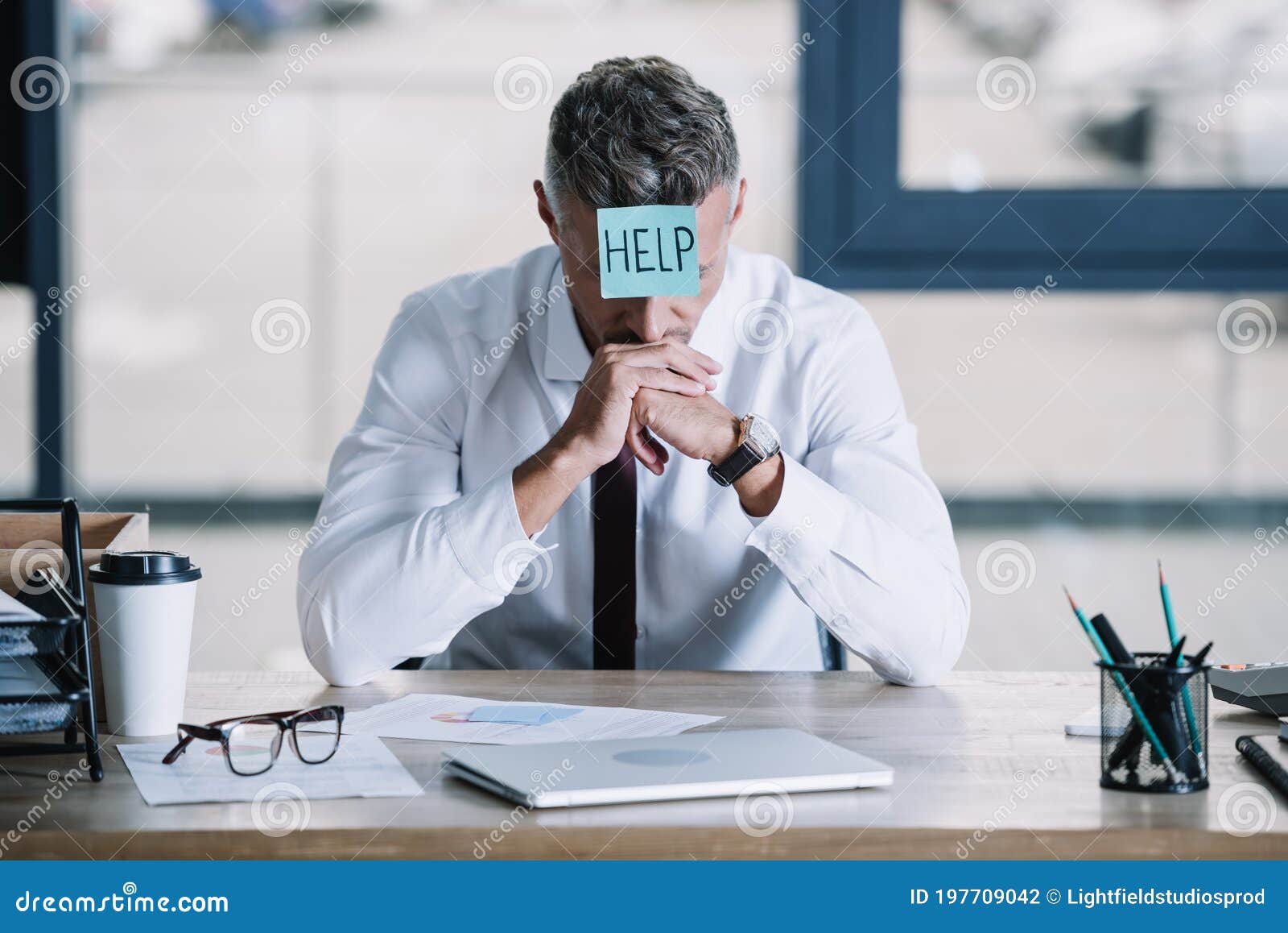 Businessman in Suit Sitting with Sticky Note Stock Photo - Image of ...