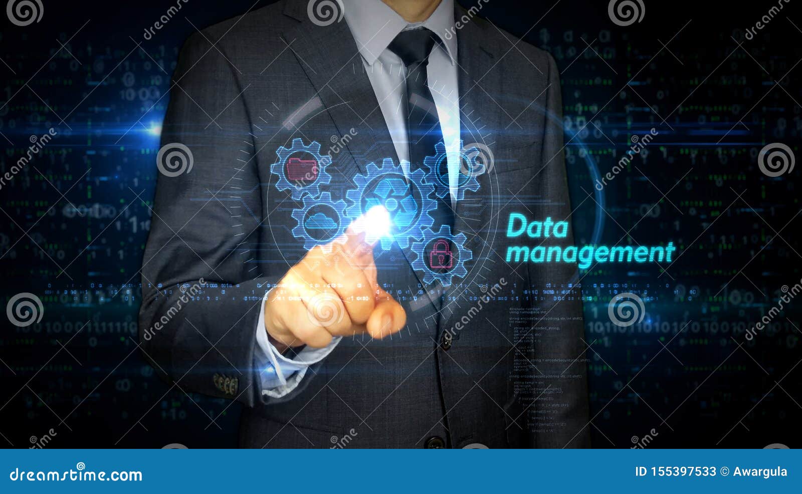 Businessman Touch Screen with Data Management Hologram Stock Image ...
