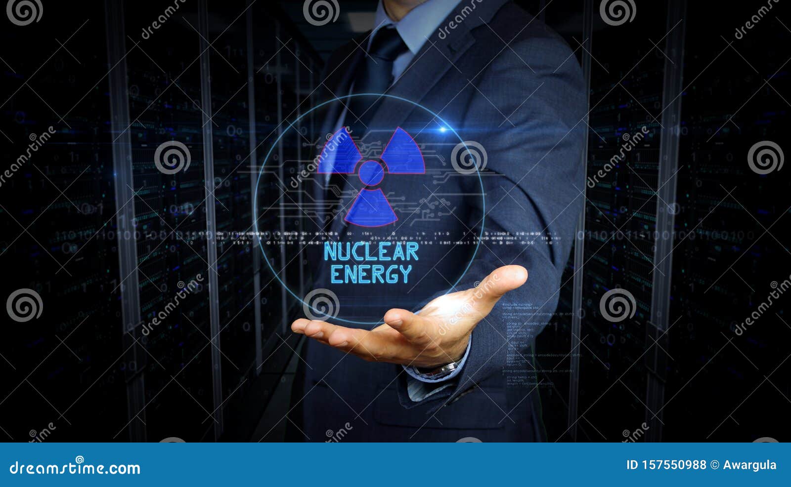 Businessman Touch Screen with Nuclear Energy Symbol Hologram Stock ...