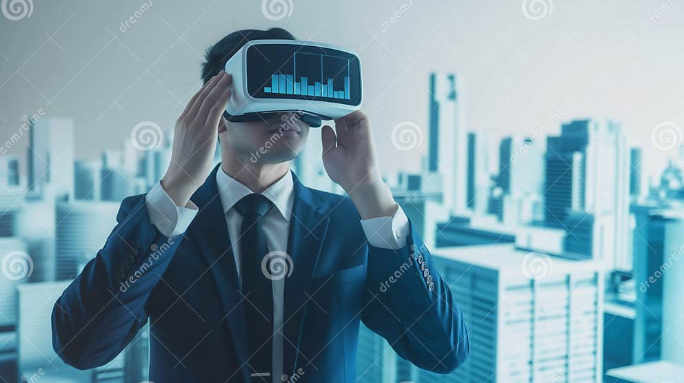 A Businessman in a Suit Using Virtual Reality Goggles To Visualize Data ...