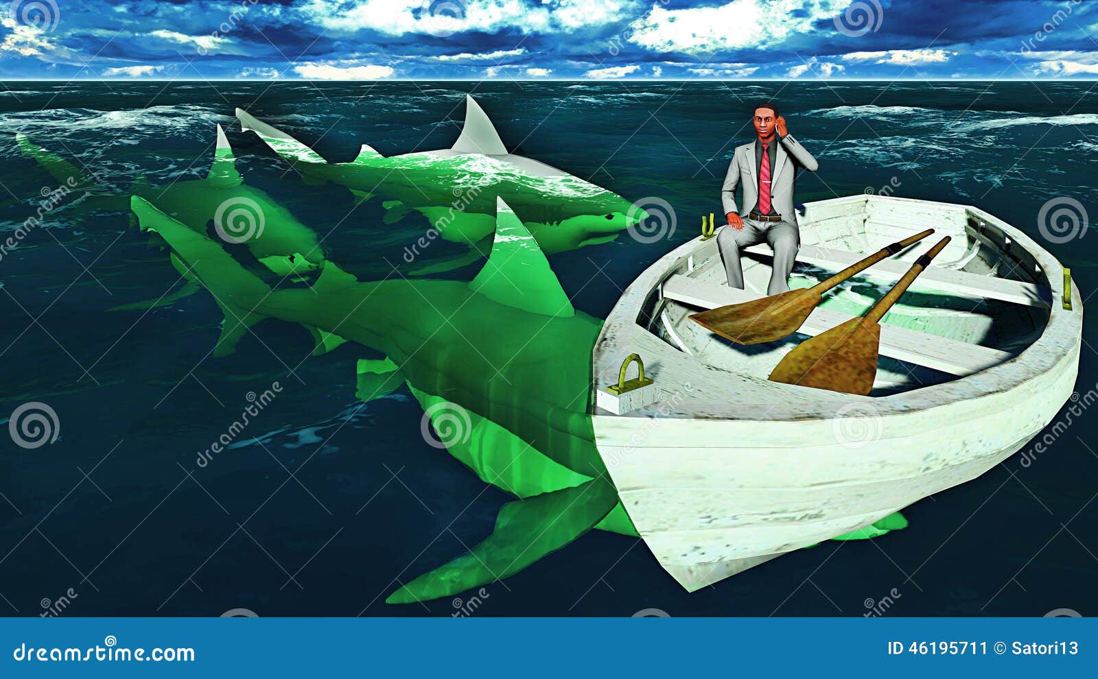Businessman Surrounded by Sharks Stock Illustration - Illustration of ...