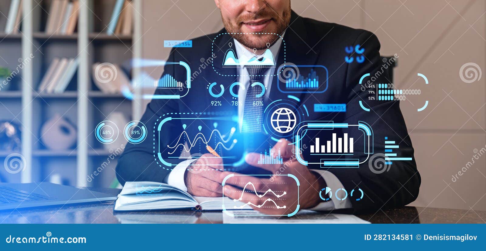 Businessman Taking Notes and Using Smartphone, Digital Dashboard and ...