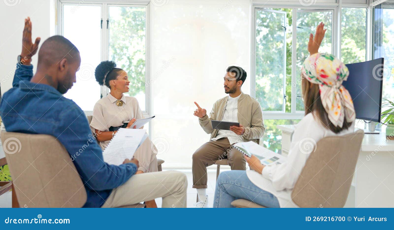 Businessman, Talking or Answer Hands in Diversity Workshop, Training or ...