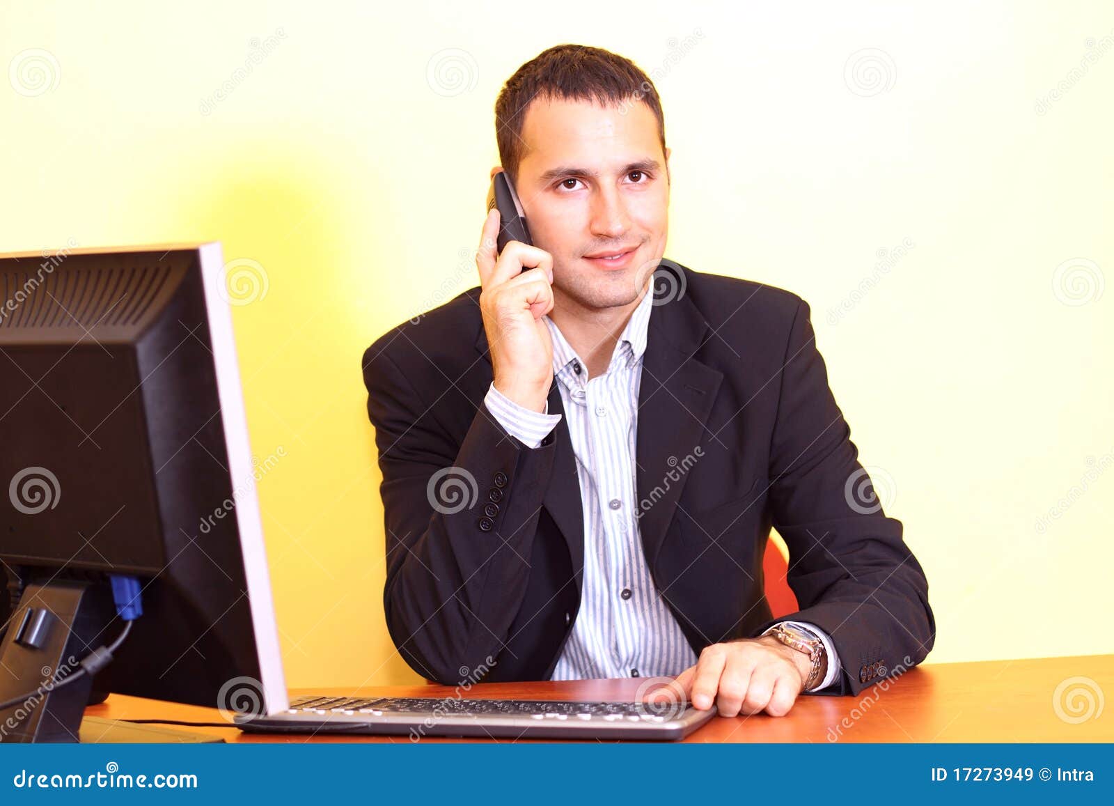Businessman Talking by Phone Opposite Computer Stock Image - Image of ...