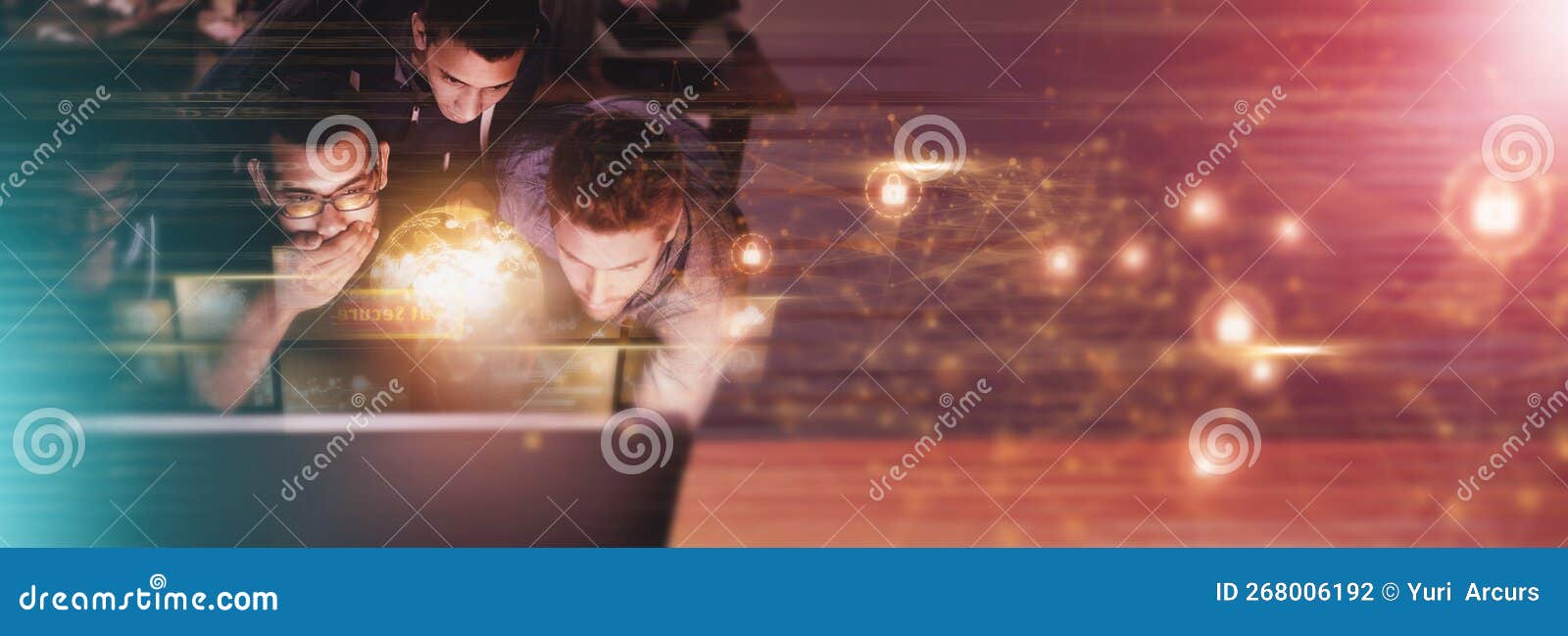 Businessman, Teamwork and Overlay in Night at Computer for Solution and ...