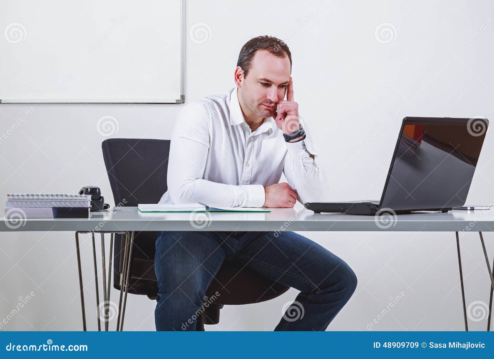 Businessman Thinking in Front of Laptop Stock Image - Image of ...