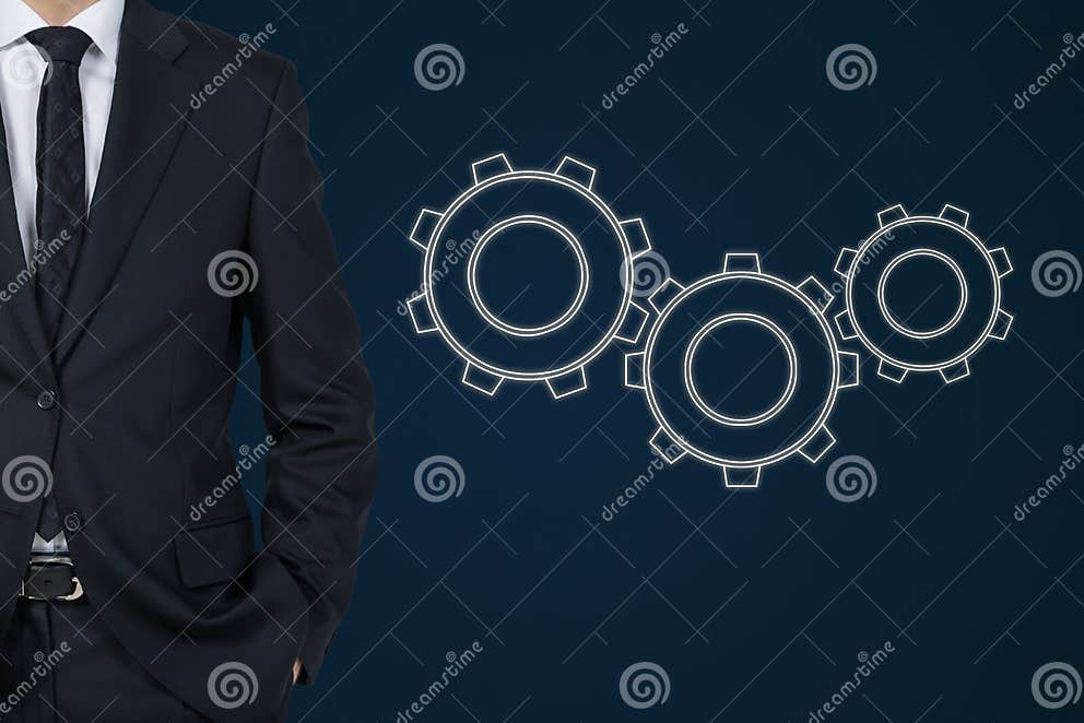Businessman and Three Cogwheel Stock Image - Image of confident ...