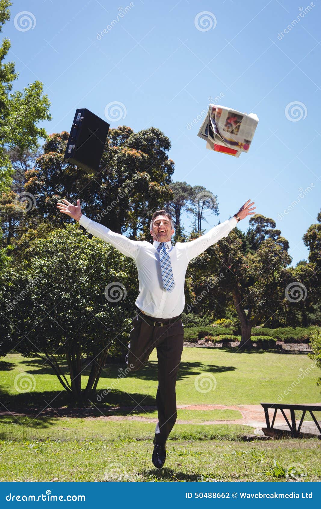 Businessman Throwing Briefcase and Newspaper Stock Photo - Image of ...